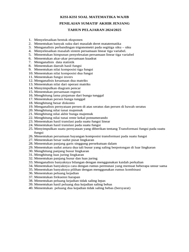 Kisi - Kisi PSAJ Mat 12 Wajib 24-25 Anak | PDF