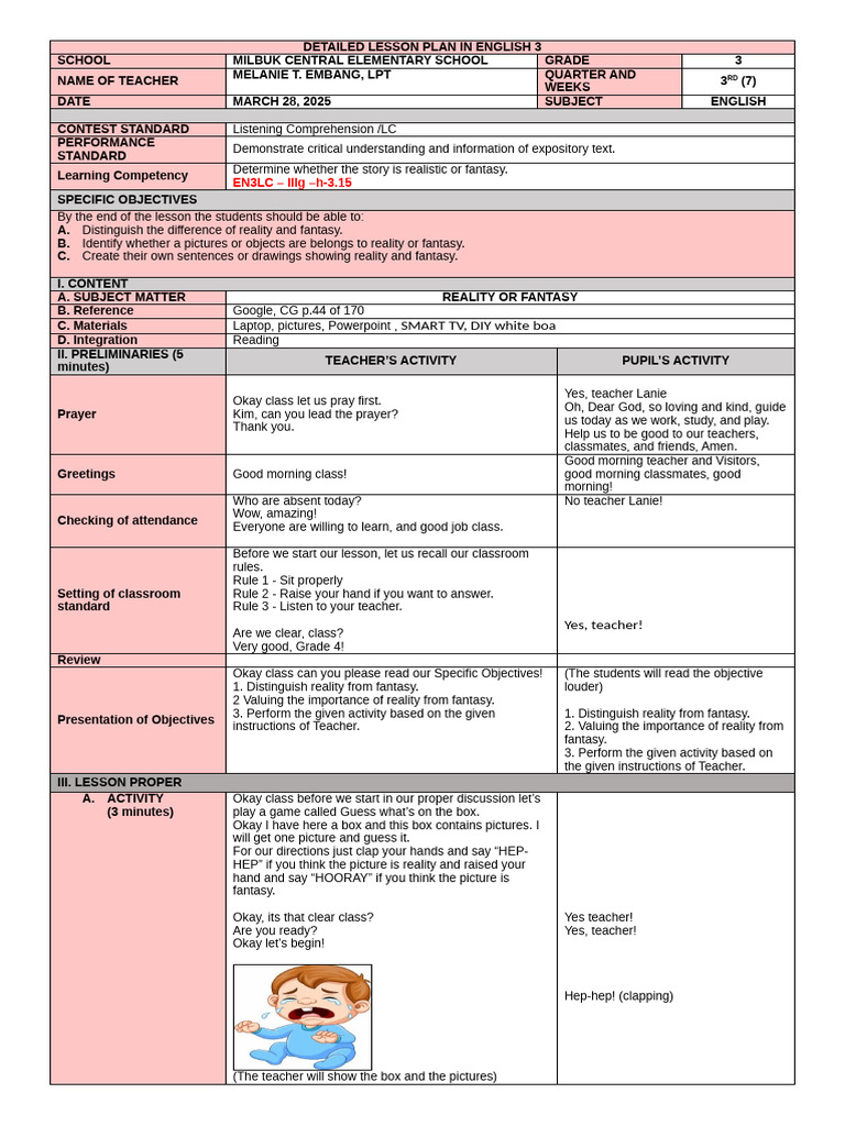 English Lesson Plan: Reality vs. Fantasy | PDF | Lesson Plan