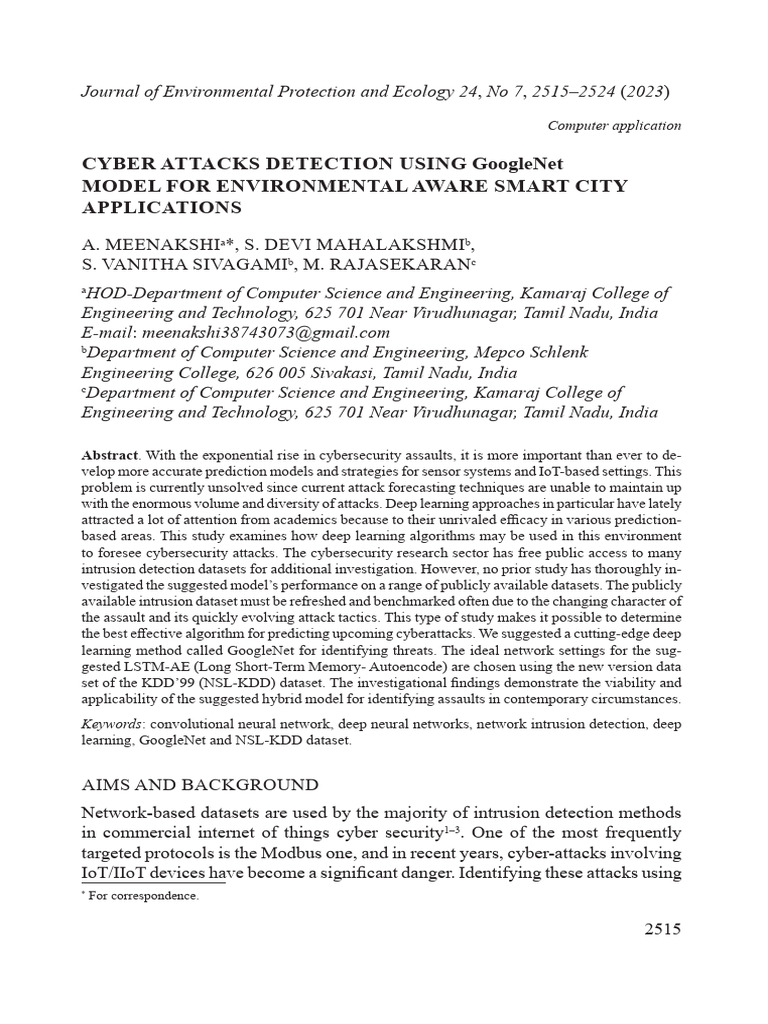 CYBER ATTACKS DETECTION USING GoogleNet MODEL FOR ENVIRONMENTAL AWARE SMART CITY APPLICATIONS ...