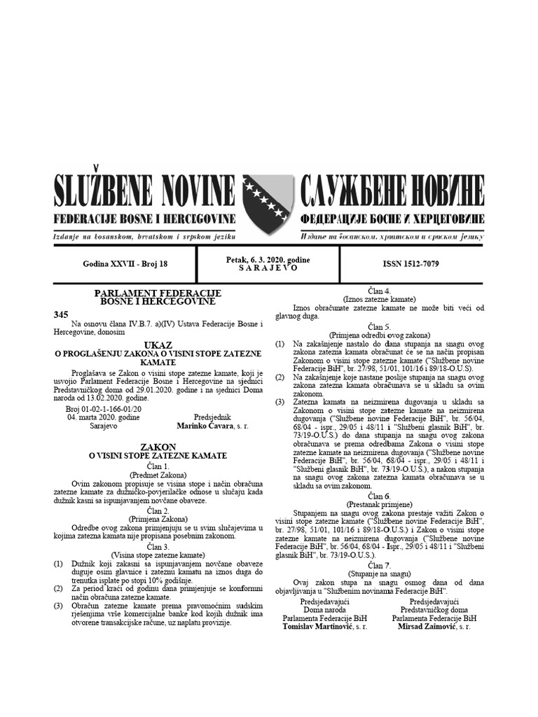 Zakon o Visini Stope Zatezne Kamate - 18-20 | PDF