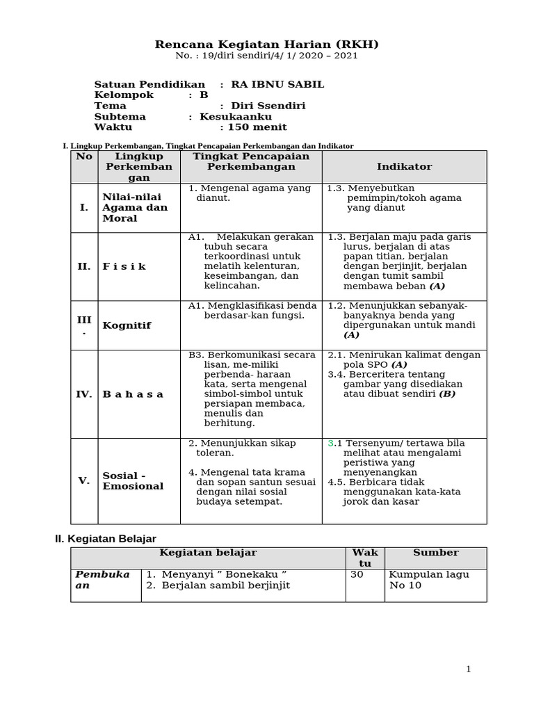 Rencana Kerja Harian PAUD 5-6 Tahun Tema 1. Diri Sendiri Minggu Ke 4 | PDF