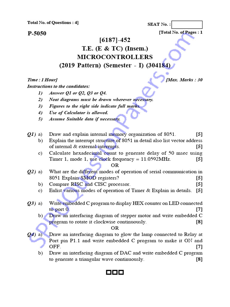 Microcontrollers Exam Paper - 8051 Topics | PDF | Computer Architecture ...