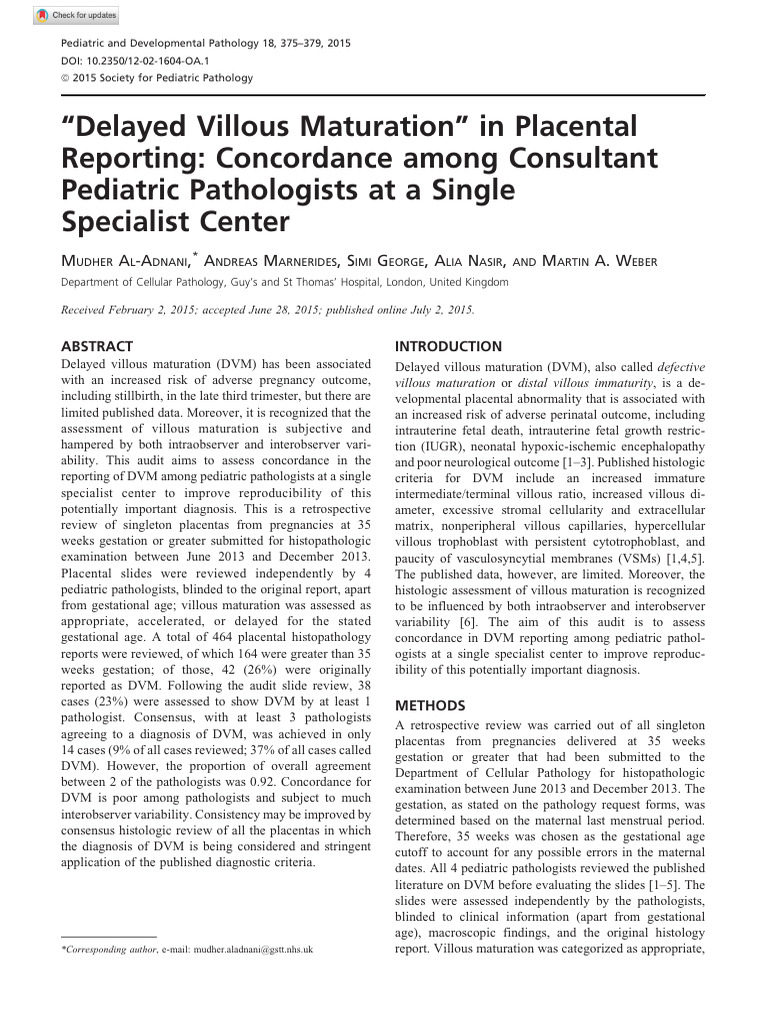 "Delayed Villous Maturation" in Placental Reporting: Concordance Among ...