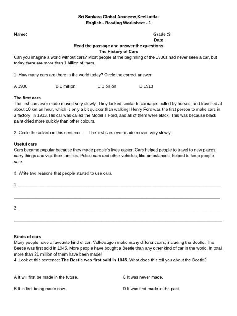 3rd Grade Reading Worksheets | PDF | Car