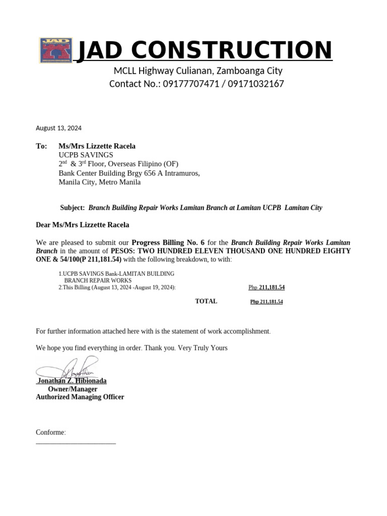 Letter of Progress Billing | PDF