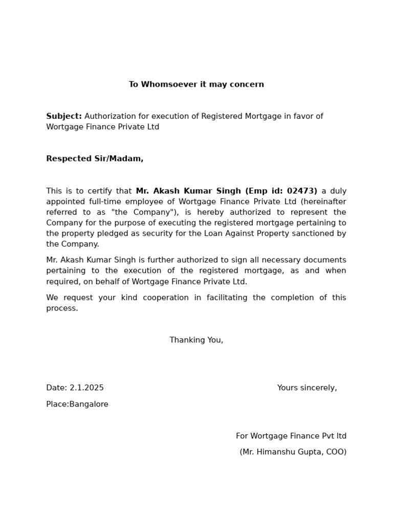 Authorization for Mortgage Execution | PDF