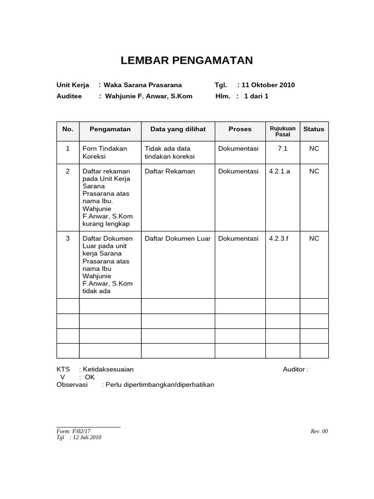 5. LEMBAR PENGAMATAN AUDIT INTERNAL Sarpras | PDF