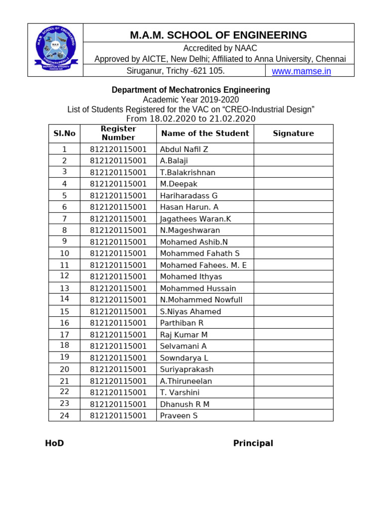 Mechatronics VAC Registration List 2020 | PDF