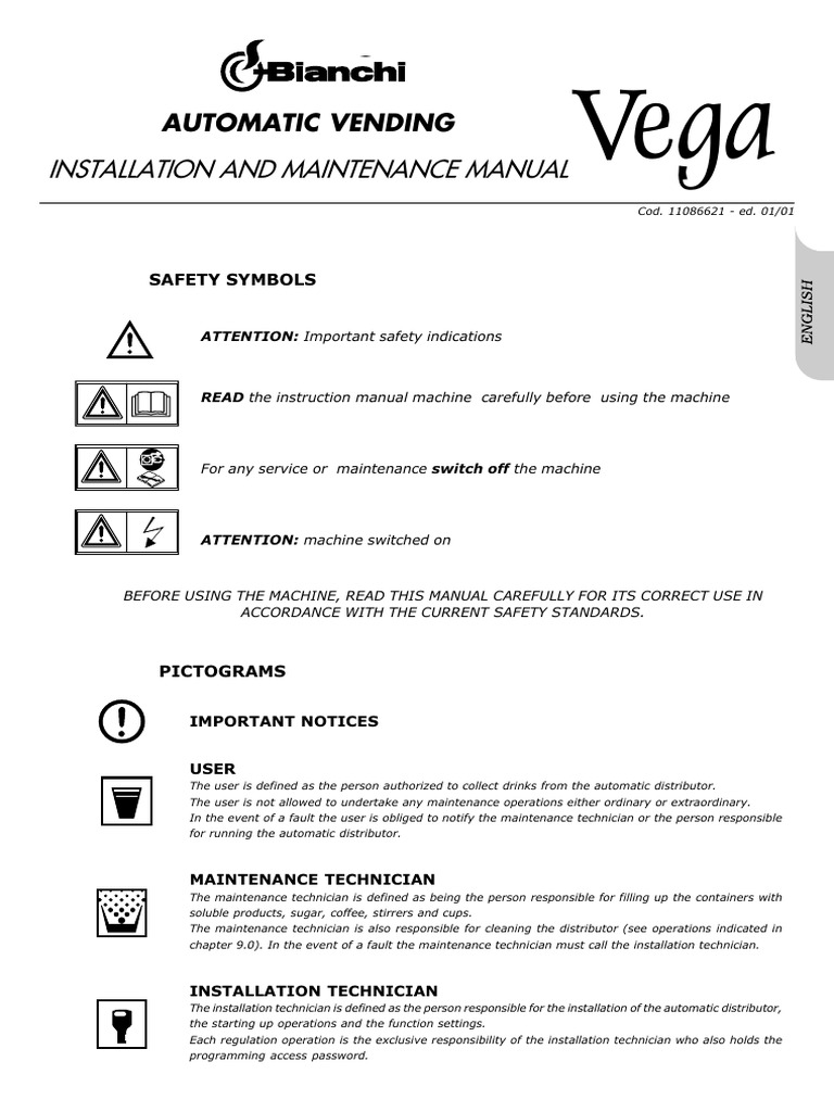 Bianchi Automatic Vending Vega Installation and Maintenance Manual Cod ...