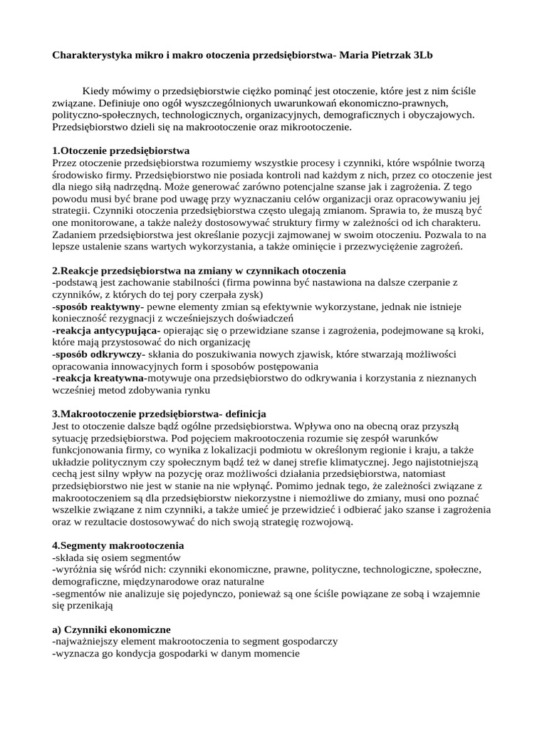 Charakterystyka Mikro I Makro Otoczenia Przedsiębiorstwa - Maria ...