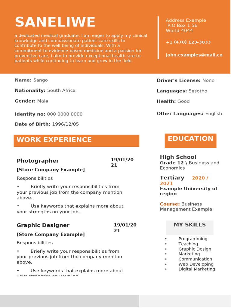 South African CV Template for Graduates | PDF | Health Care | Health ...