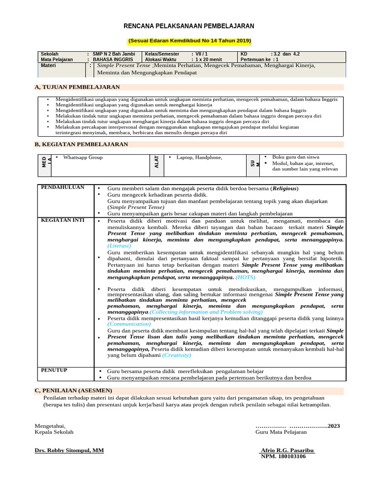 RPP Kelas VII Simple Present Tense | PDF