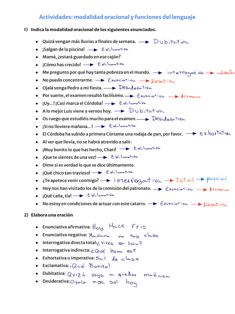 Ejercicios de Modalidades Oracionales | PDF