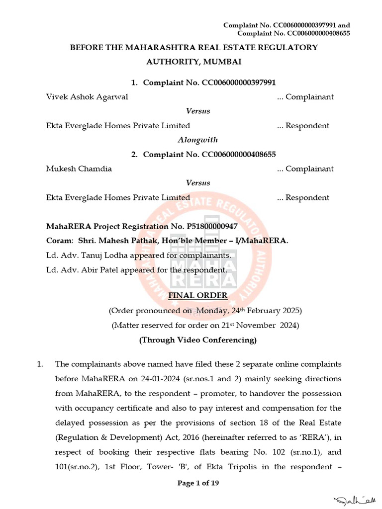 Order Dated 24.02.2025 - MahaRERA - MP - Once Possession Offer There Is No Violation of Section ...