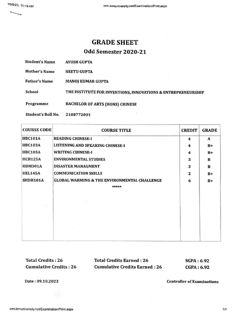 Grade Sheet Ayush - Compressed | PDF