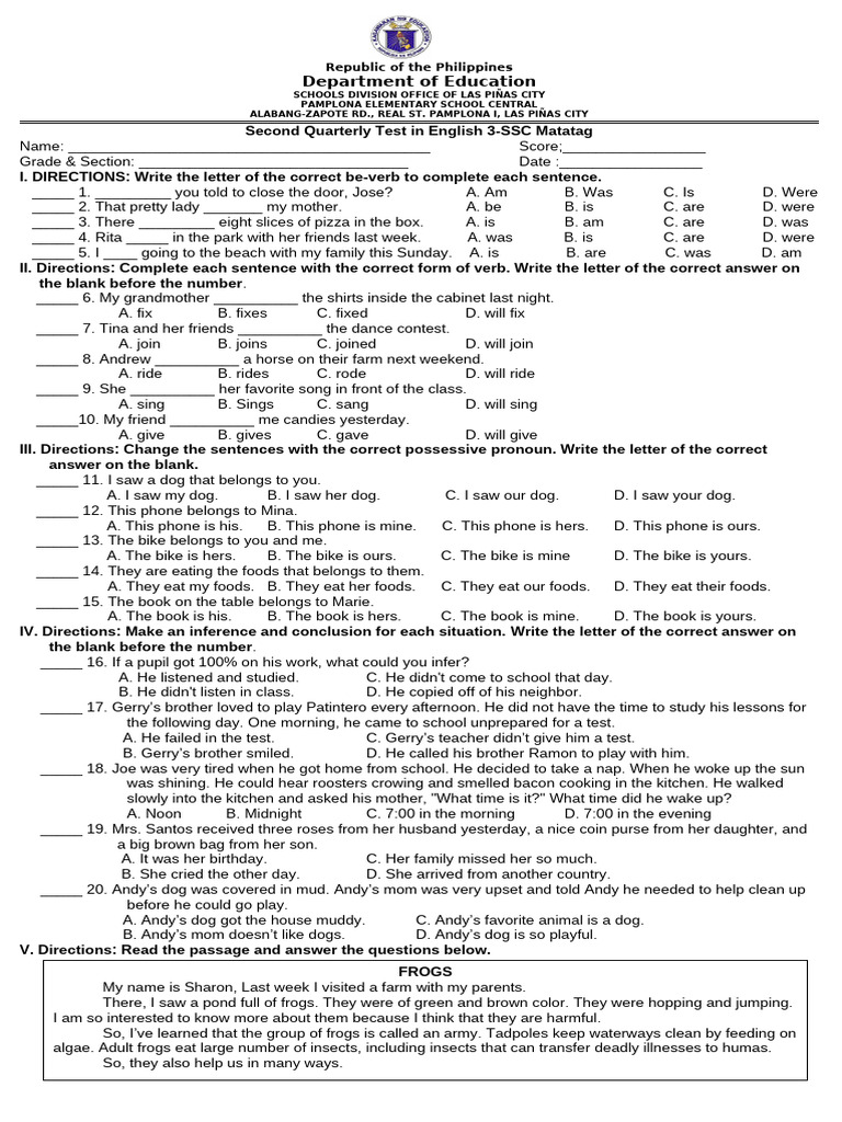 English 3 Quarterly Test - Las Piñas | PDF | Earthquakes | Frog