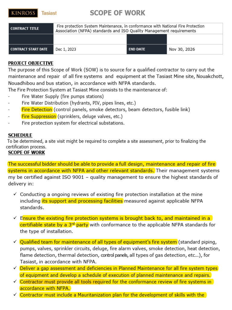 Fire Protection System Maintenance SOW | PDF | Fire Sprinkler System