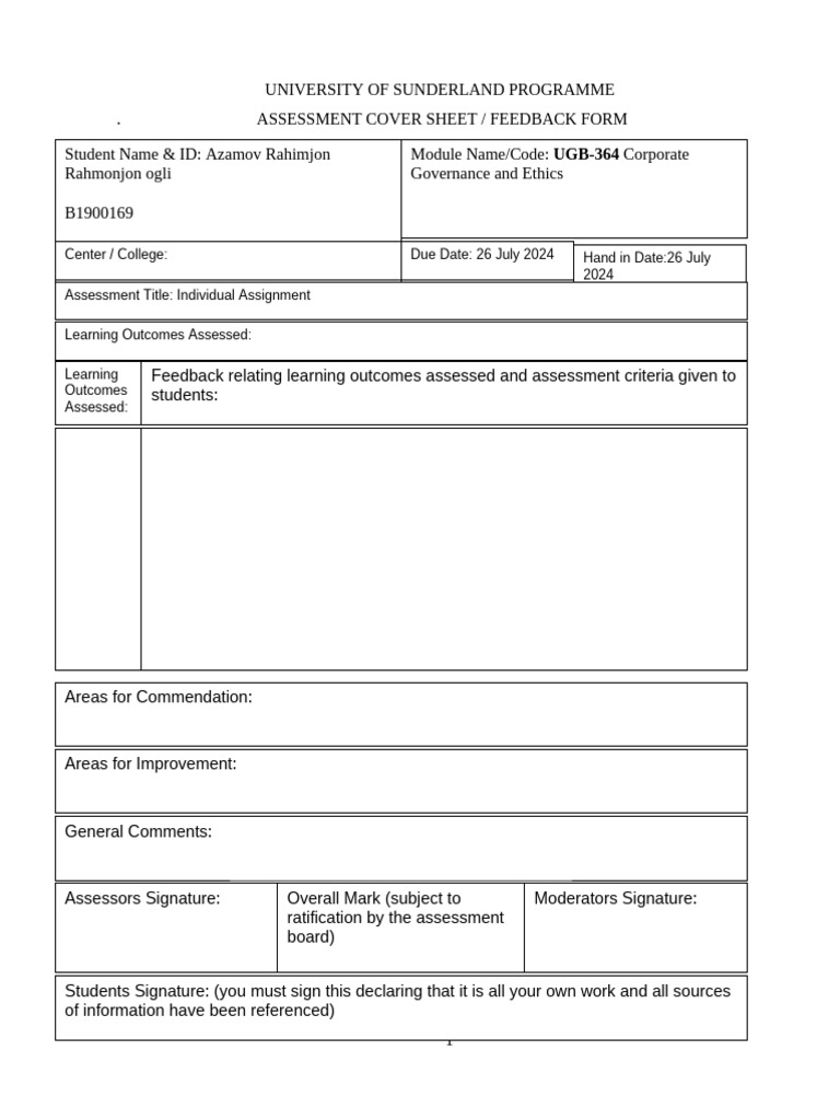Azamov Rahimjon Rahmonjon Ogli UGB 364 Corporate Governance and | PDF | Governance | Corporate ...