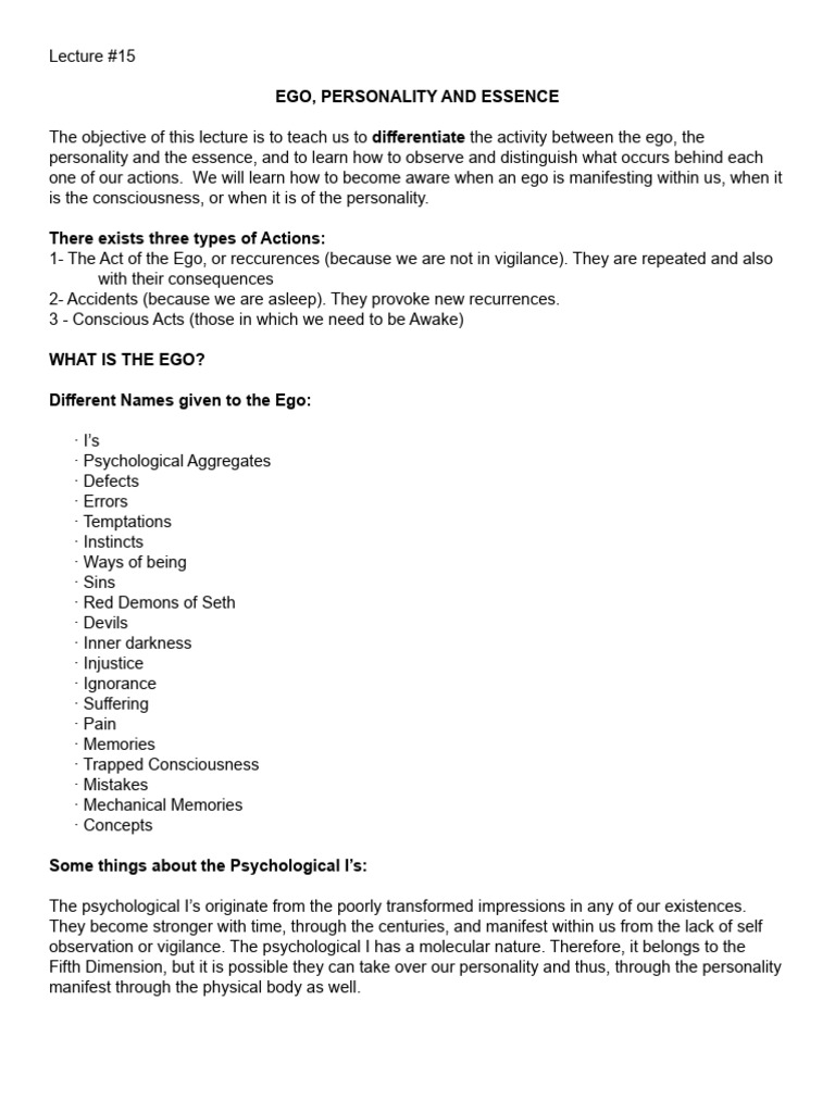 Ego, Personality, Essence Summary | PDF | Consciousness | Essence