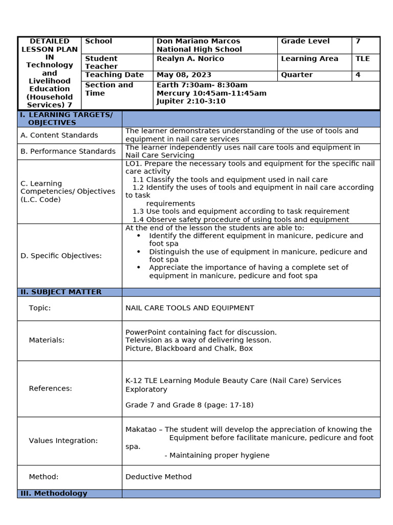 Nail Care Tools Lesson Plan for Grade 7 | PDF | Learning | Teachers