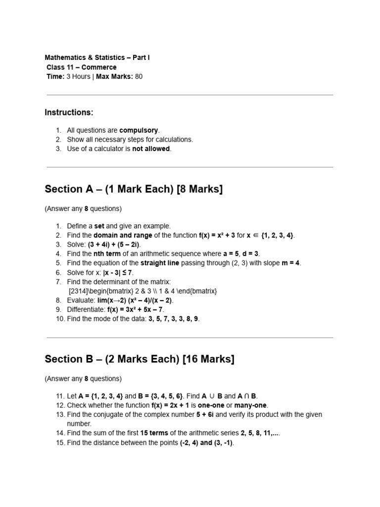 Mathematics & Statistics - Part I 11th Commerce 80 Mks Paper | PDF ...