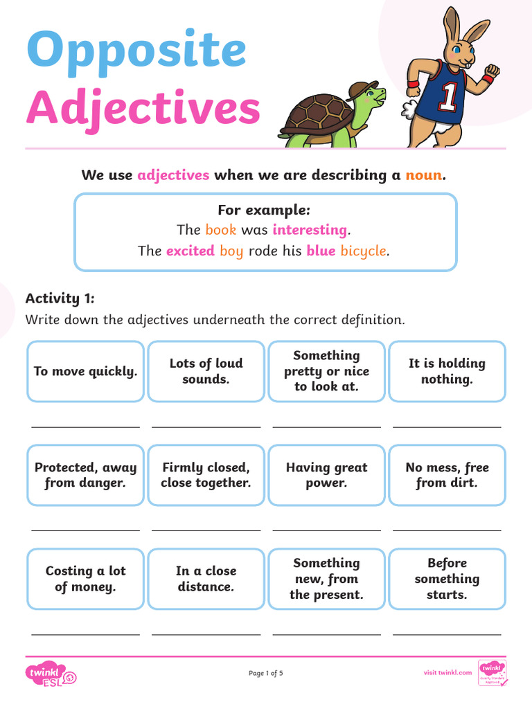 Opposite Adjectives Worksheet for ESL | PDF | English As A Second Or ...