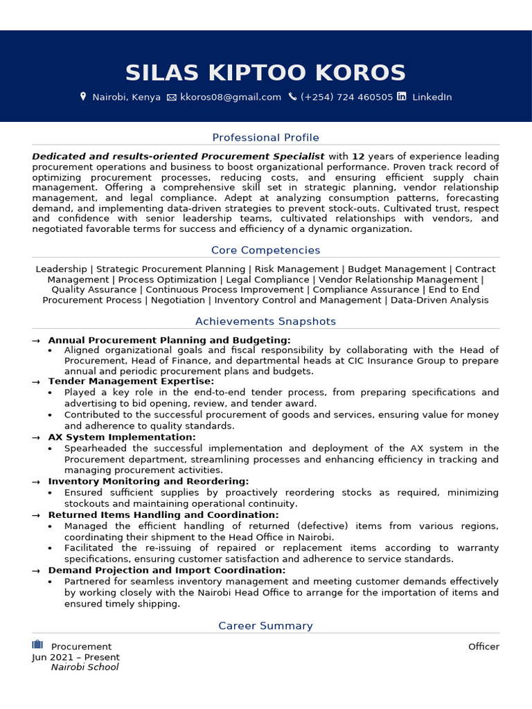 Silas Kiptoo Koros - CV - 2023 | PDF | Procurement | Inventory