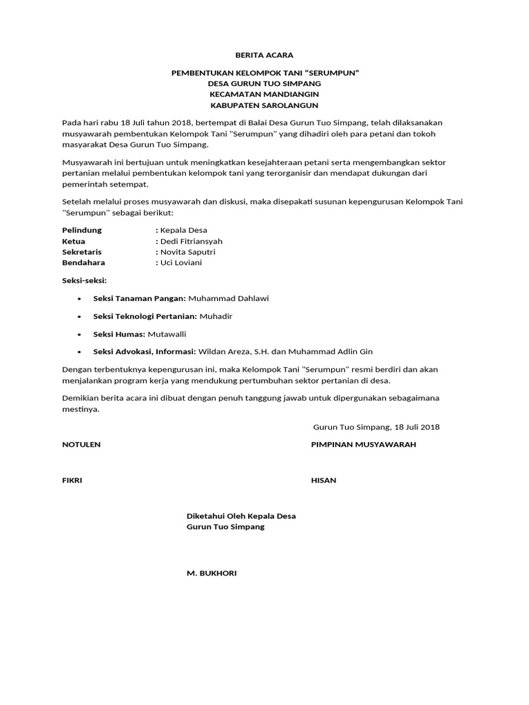 Berita Acara Pembentukan Kelompok Tani | PDF
