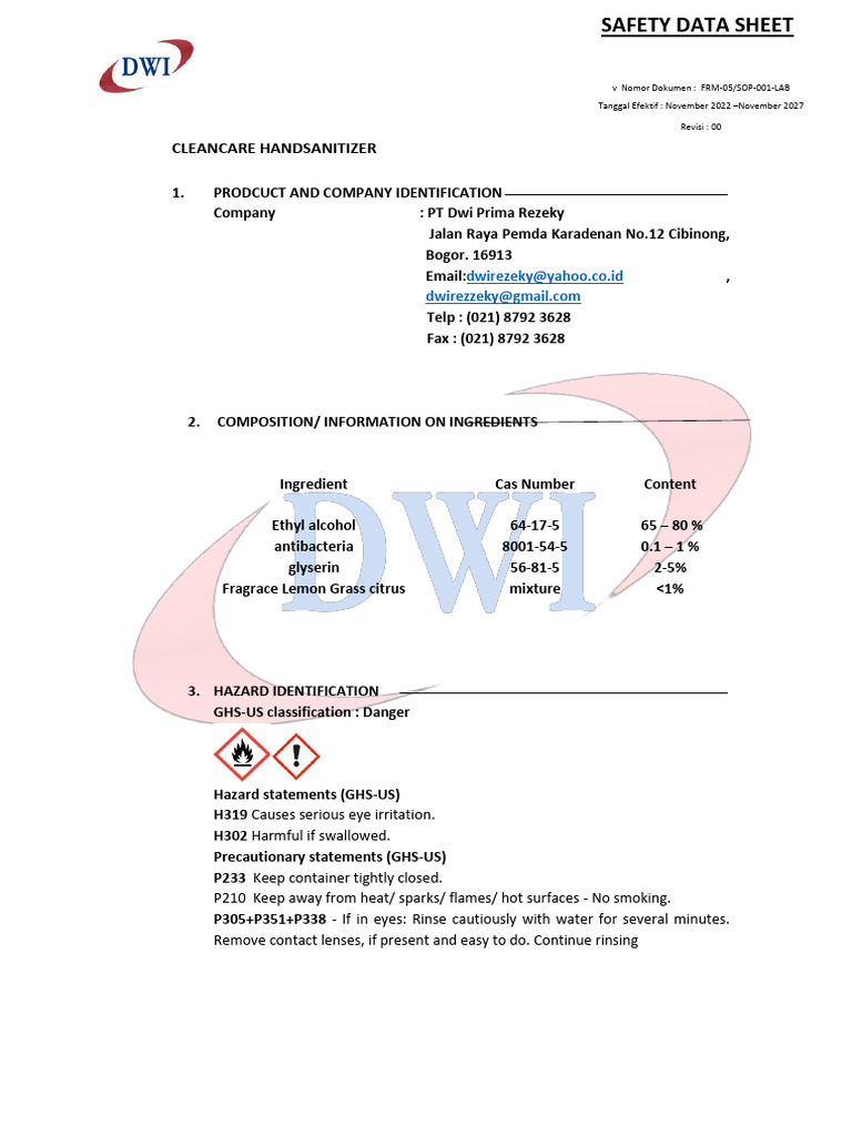 CleanCare Hand Sanitizer Safety Data Sheet | PDF