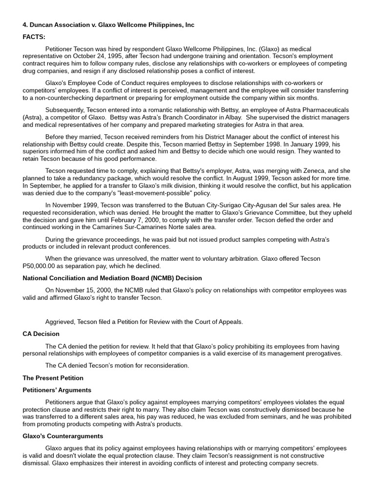 Duncan Association V Glaxo Wellcome Philippines, Inc | PDF | Employment | Conflict Of Interest