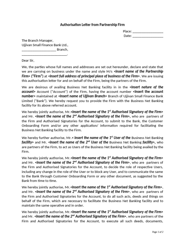 Partnership Firm Authorisation Letter | PDF | Business | Business Law