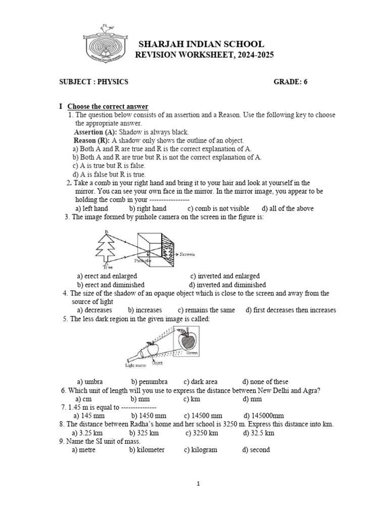 Physics Revision Worksheet for Grade 6 | PDF | Shadow | Length