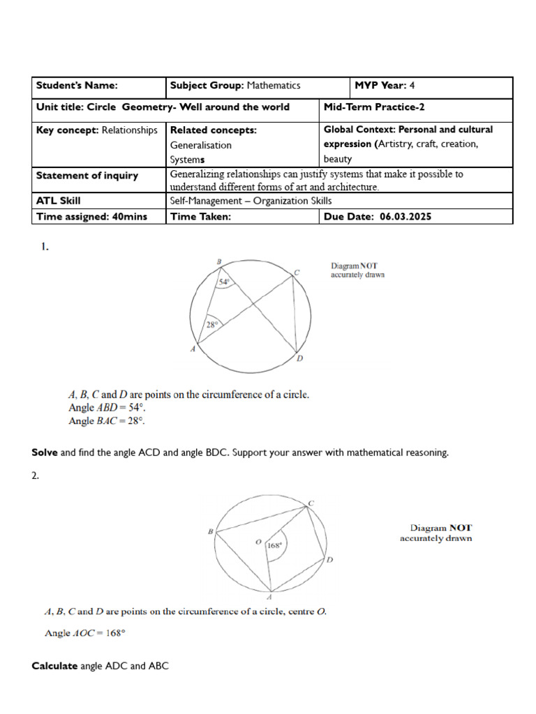 MYP5-Math Tasksheet 2 2023-24 Circle Geometry 2 | PDF