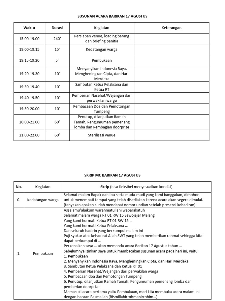 Susunan Acara Dan Skrip MC Barikan 17 Agustus | PDF