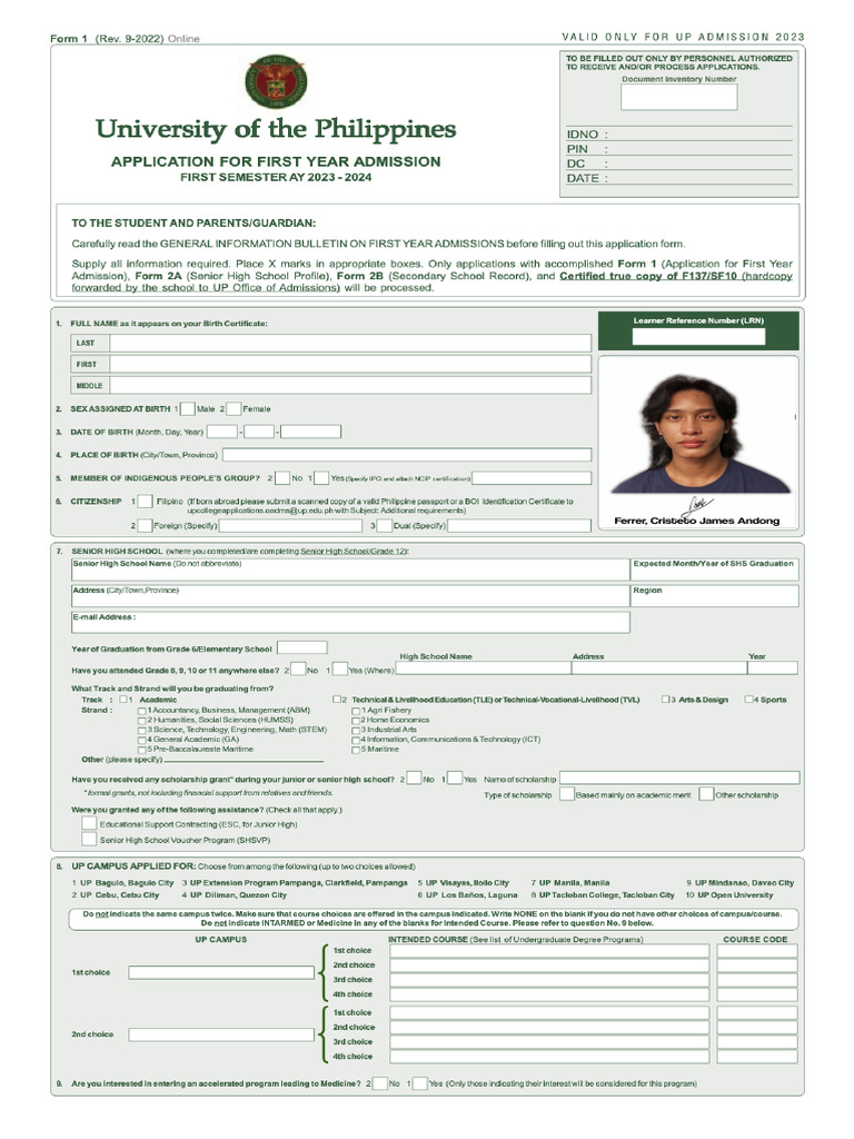 UP College Admissions 2023 FORM1 1232172174 | PDF | Philippines