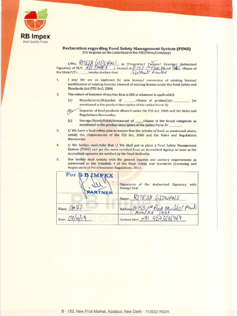 Declaration (FSMS) | PDF