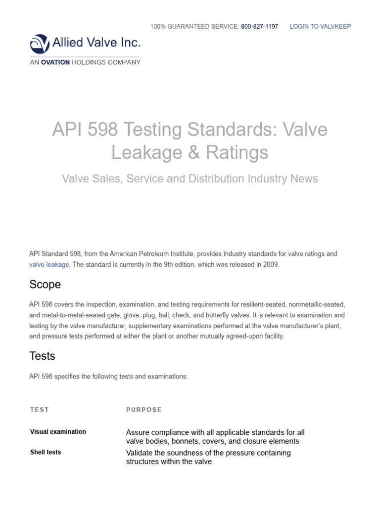 API 598 Testing Standards - Valve Leakage & Ratings | PDF | Valve ...