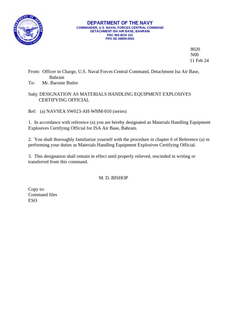 Baronie Butler MHE Designation Letter To Certifyl Fork Lifts To Move ...