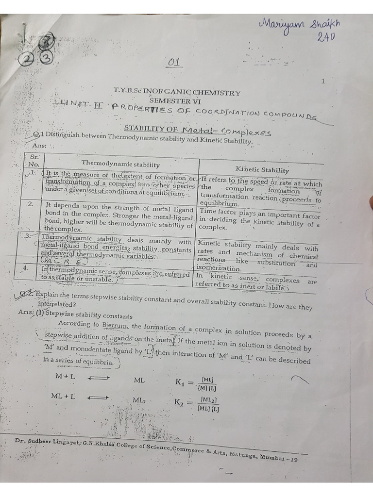 Inorganic Stability of Metal Complex | PDF