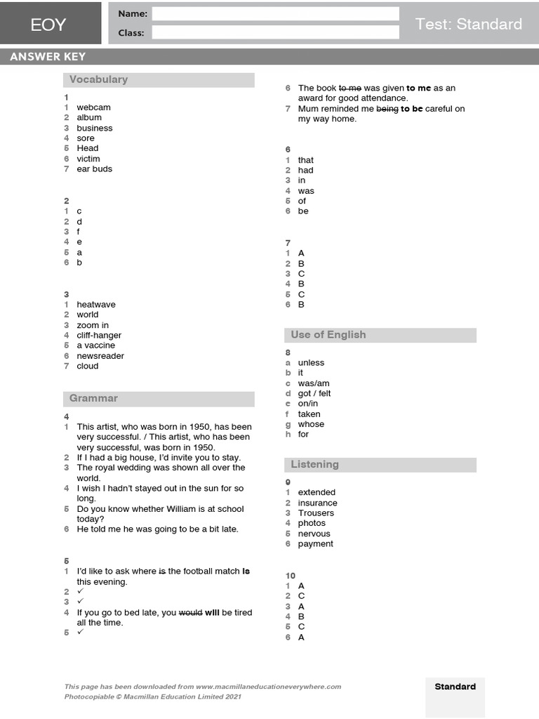 Level5 End of Year Test Standard Answer Key | PDF | Human Communication ...