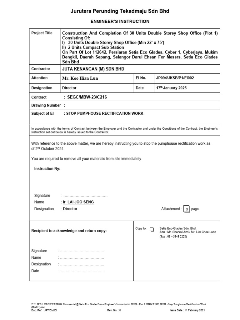 EI002 JKSB (DRAFT 2) - Stop Pumphouse Rectification Work | PDF