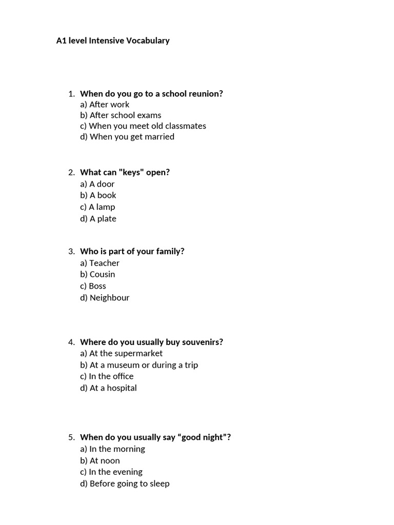 A1 Level Vocabulary Practice Quiz | PDF