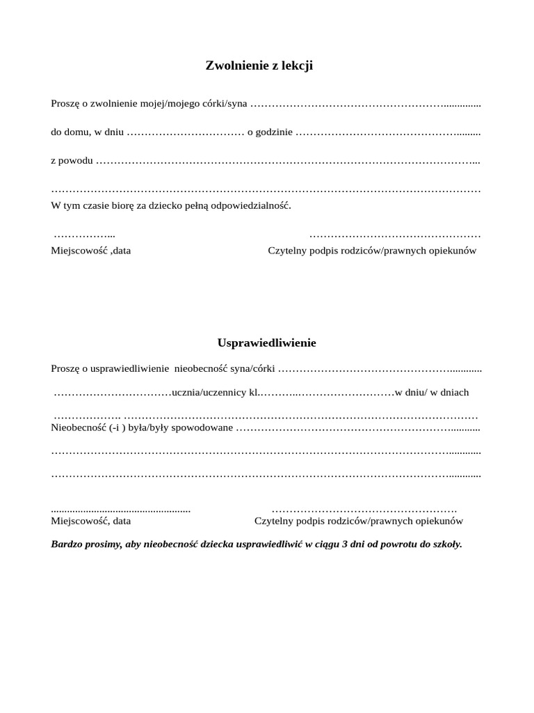 Wzor Usprawiedliwienia | PDF