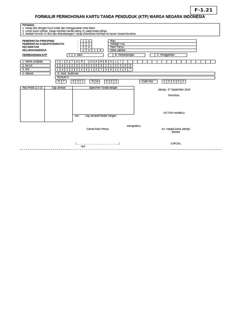 08 (F-1.21) FORMULIR PERMOHONAN KARTU TANDA PENDUDUK (KTP) WARGA NEGARA INDONESIA | PDF