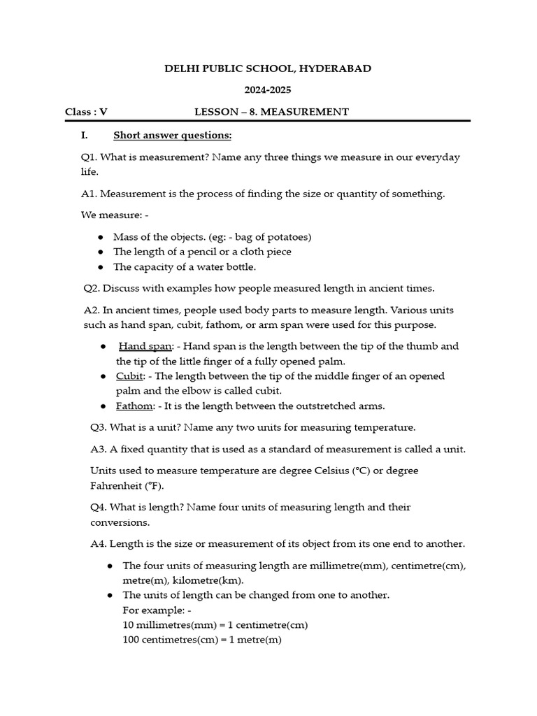 Measurement Concepts for Class V Students | PDF | Length | Measurement