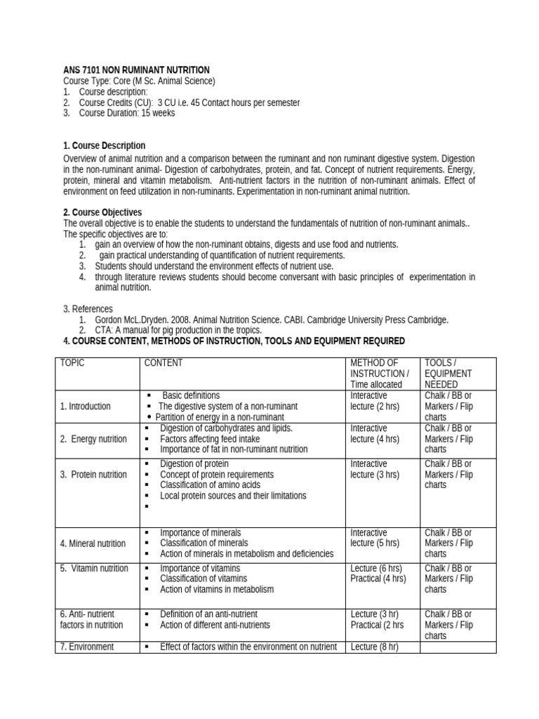 Ans 7101 Non Ruminant Nutrition | PDF | Nutrition | Diet & Nutrition