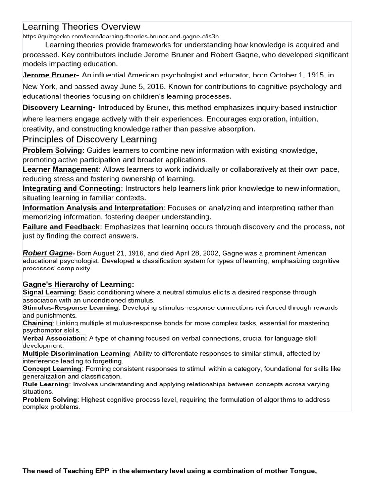 EPP2 Learning Theories Overview | PDF | Learning | Learning Theory ...