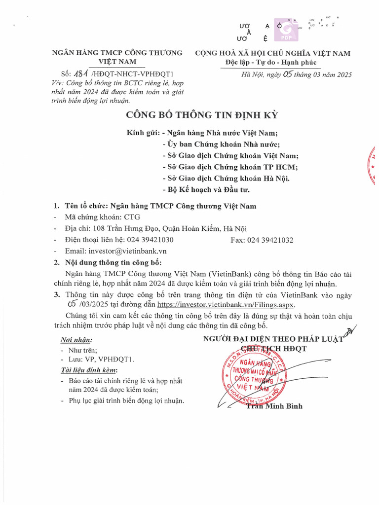 CTG - Giai Trinh Bien Dong Loi Nhuan Tren BCTC Nam 2024 Kiem Toan - Signed | PDF