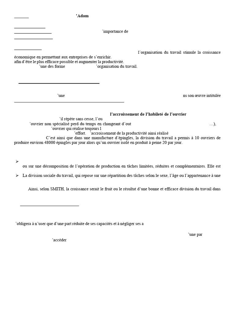 La division du travail selon Adam Smith | PDF | Division du travail ...