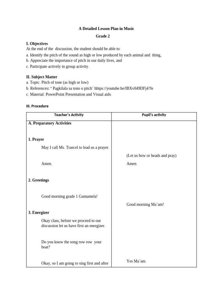 Grade 2 Music Lesson Plan on Pitch | PDF | Pitch (Music) | Sound